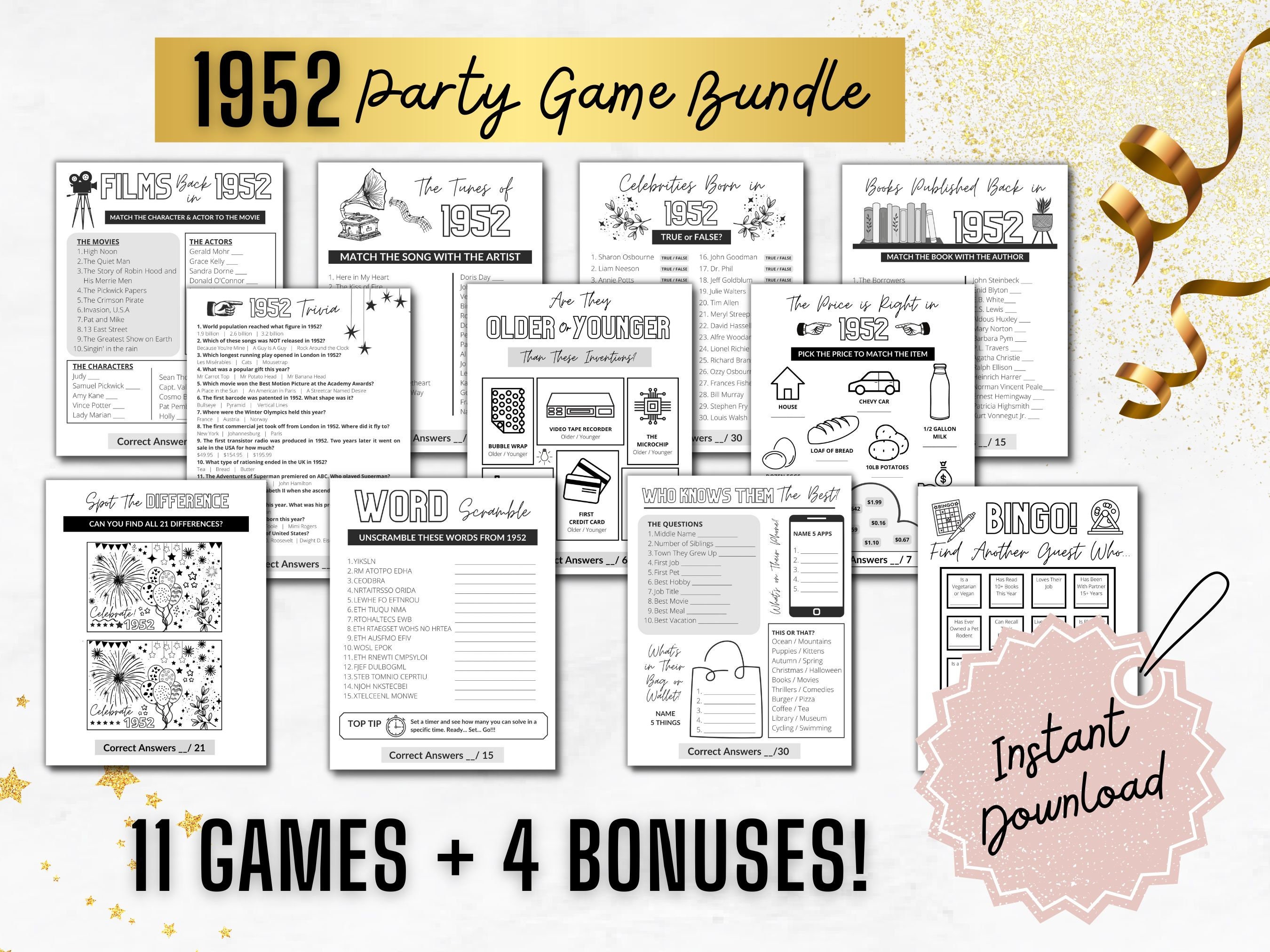 1952 Birthday PARTY GAMES Bundle Born in 1952 71st Birthday Games ...