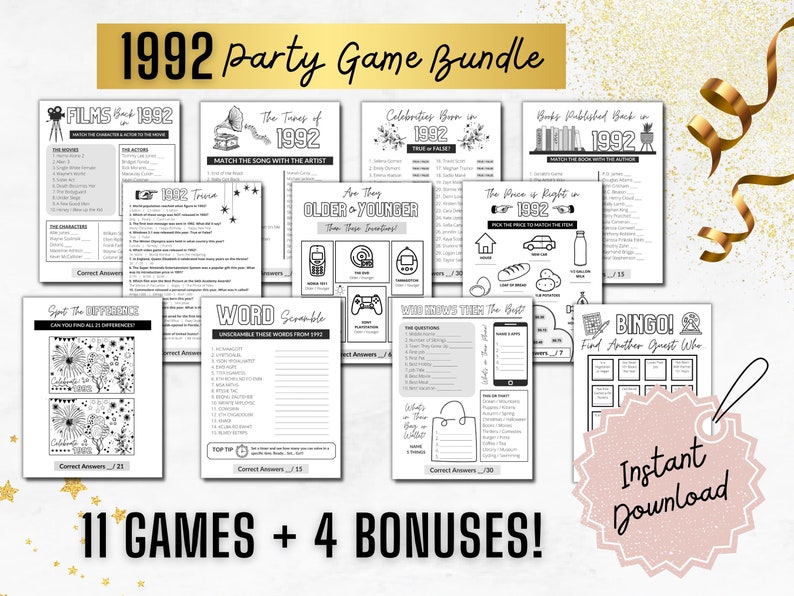 1992 Birthday PARTY GAMES Bundle | Born in 1992 34th Birthday Games ...