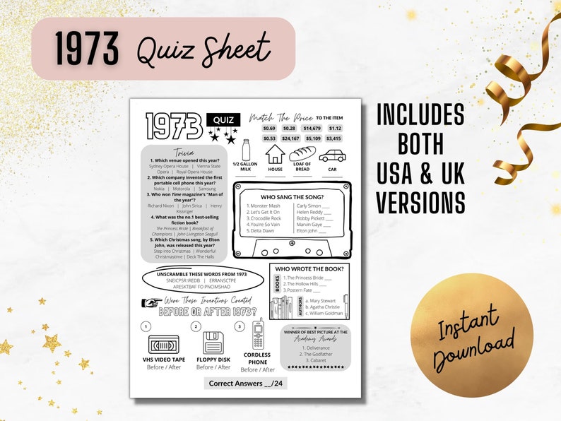 1973 Quiz Born in 1973 Print Trivia Printable 50th - Etsy