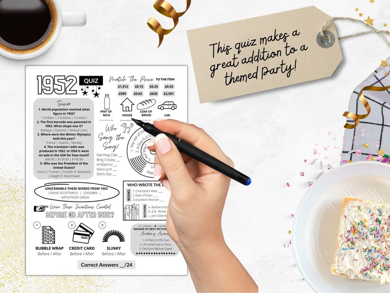 1952 Quiz | Born in 1952 Print | Trivia Printable | 73rd Birthday Party ...
