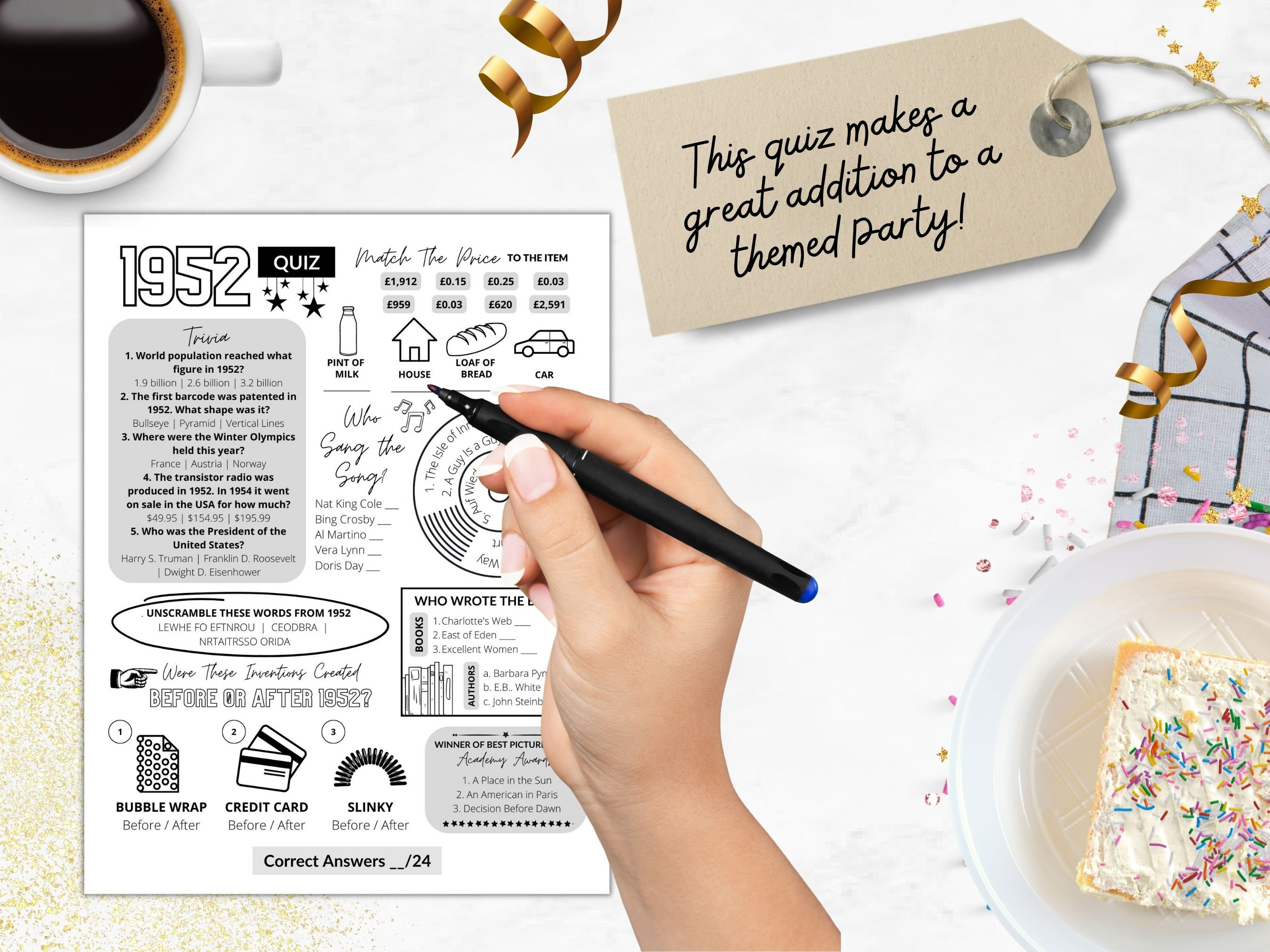 1952 Quiz | Born in 1952 Print | Trivia Printable | 73rd Birthday Party ...