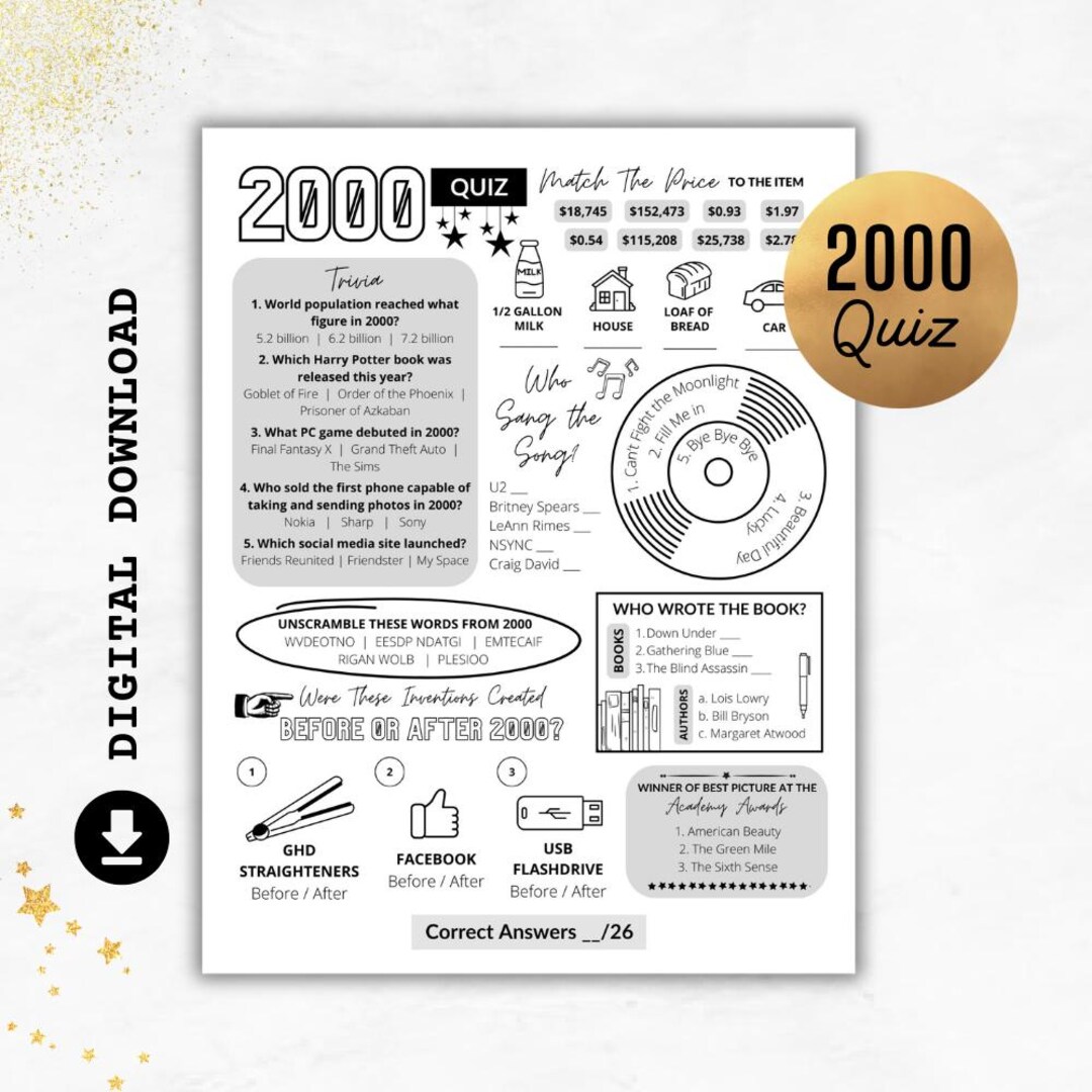 2000 Quiz | Born in 2000 Print | Trivia Printable Game | 26th Birthday ...
