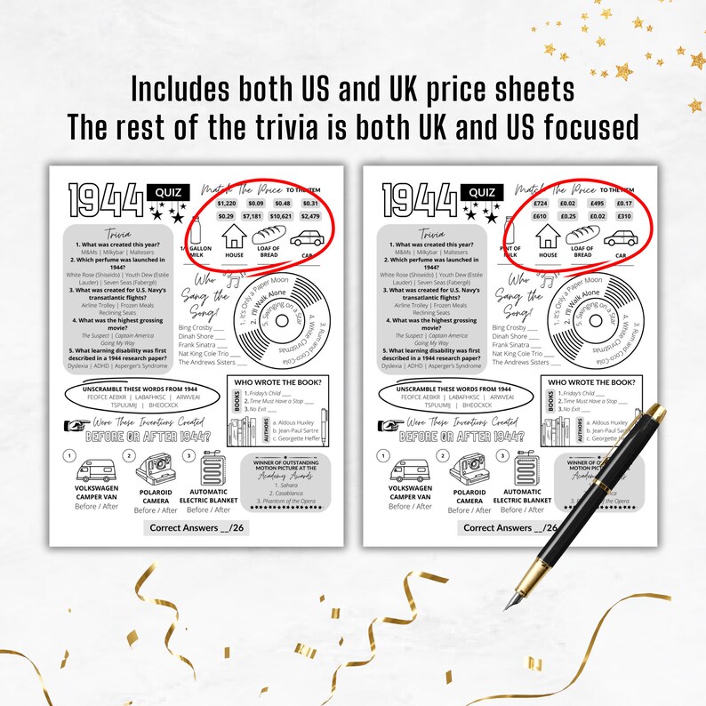 1944 Quiz | Born in 1944 Print | Trivia Printable | 81st Birthday Party ...