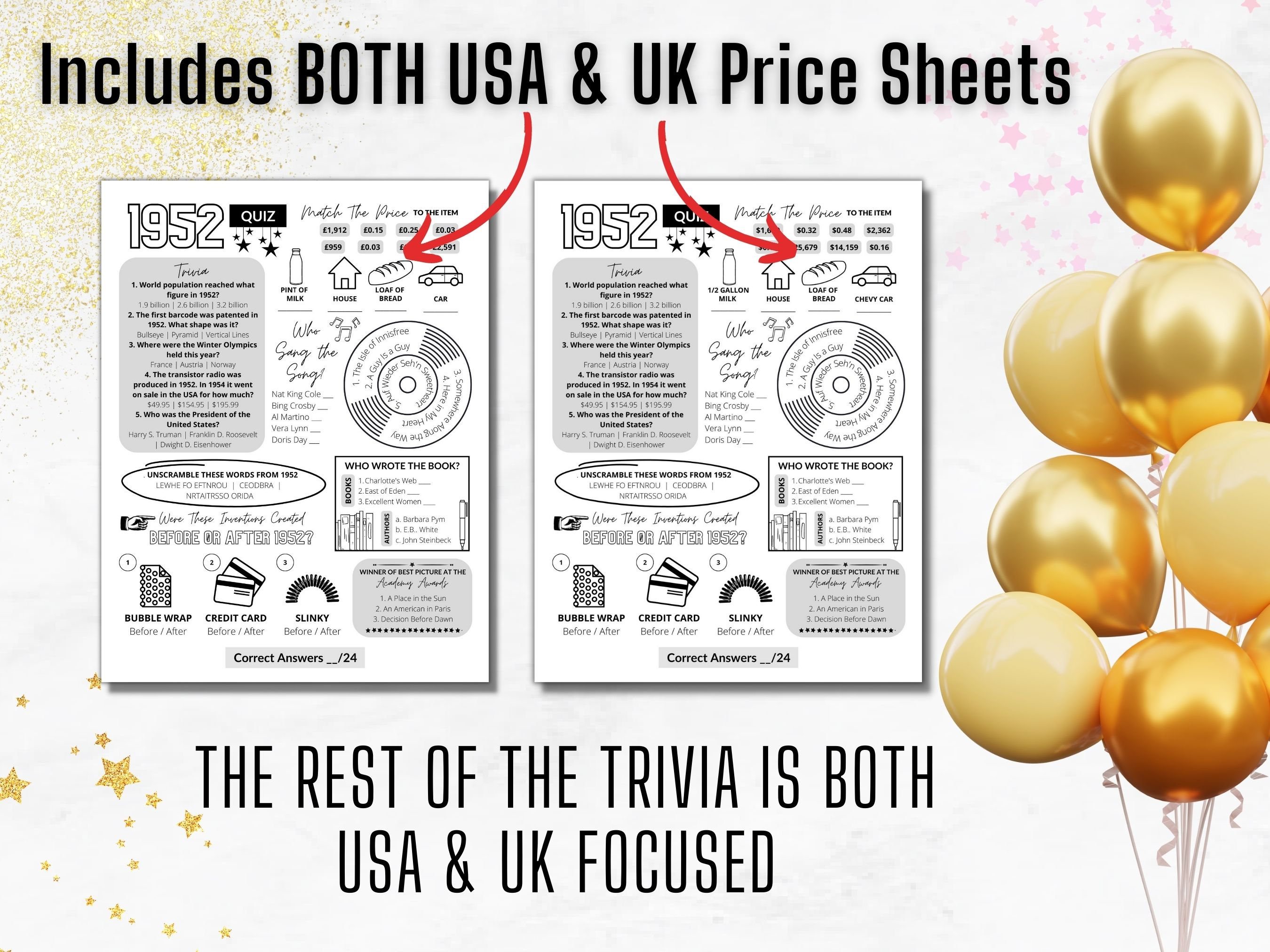 1952 Quiz | Born in 1952 Print | Trivia Printable | 74th Birthday Party ...