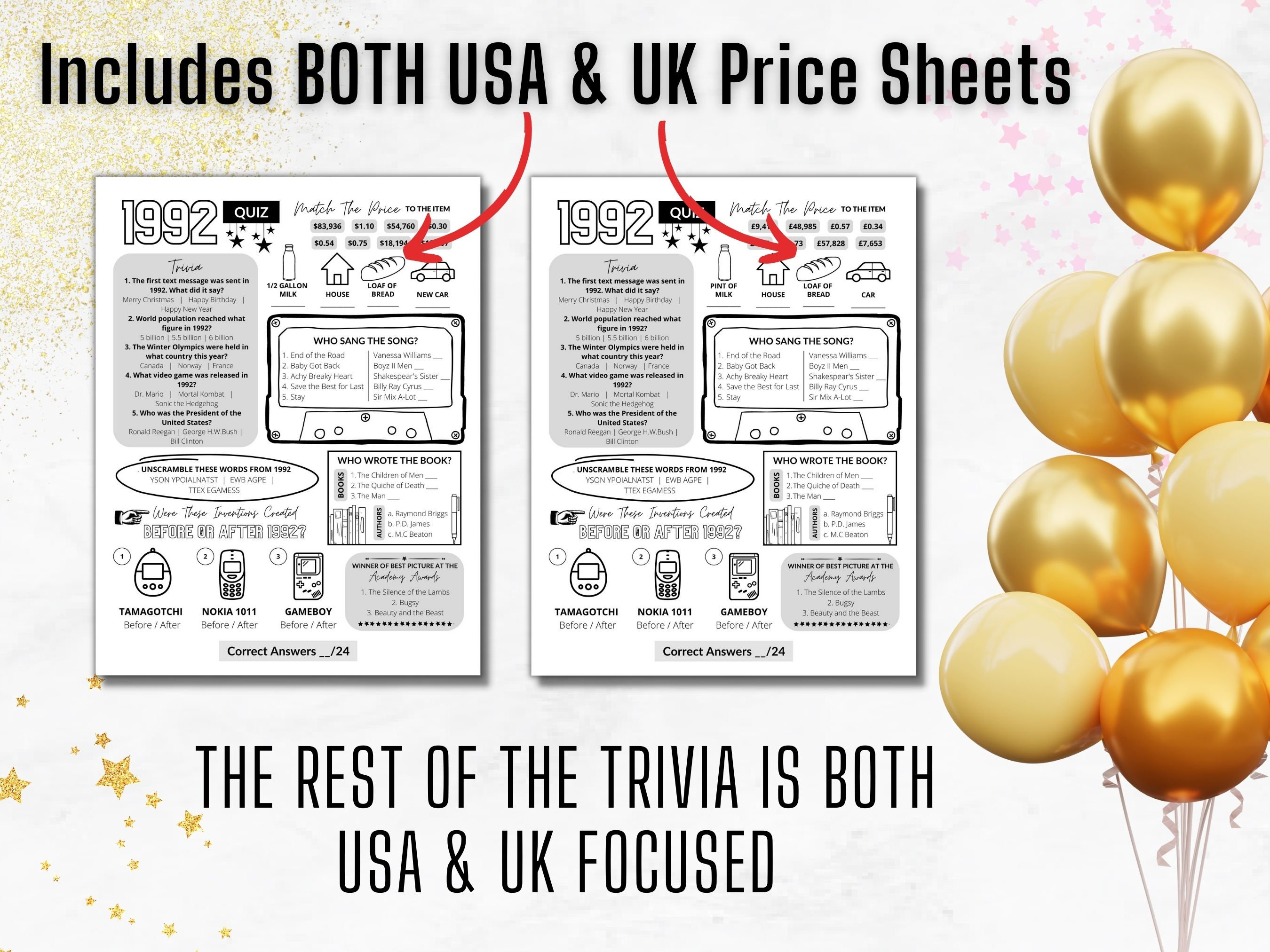 1992 Quiz | Born in 1992 Print | Trivia Printable | Birthday Party ...