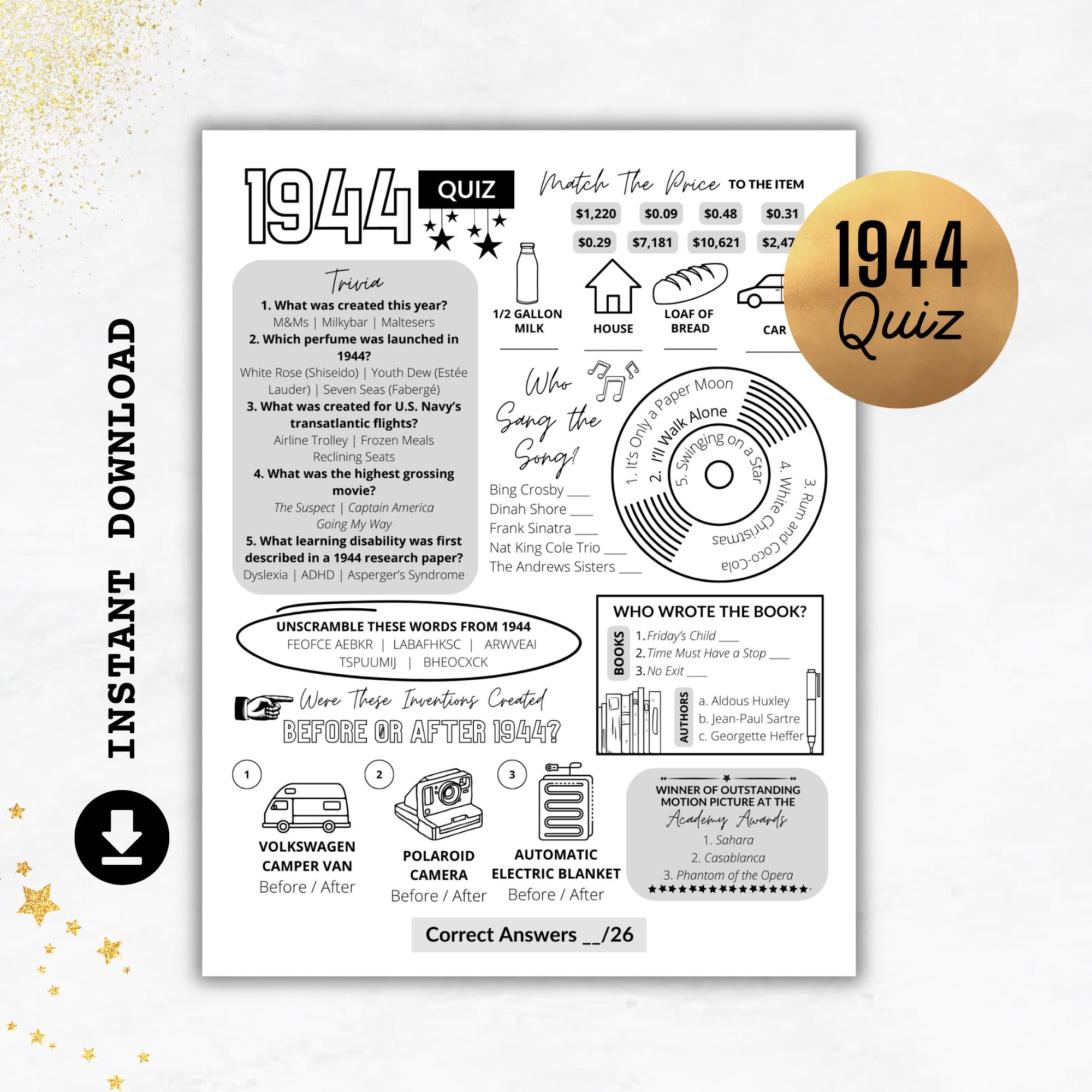 1944 Quiz | Born in 1944 Print | Trivia Printable | 82nd Birthday Party ...