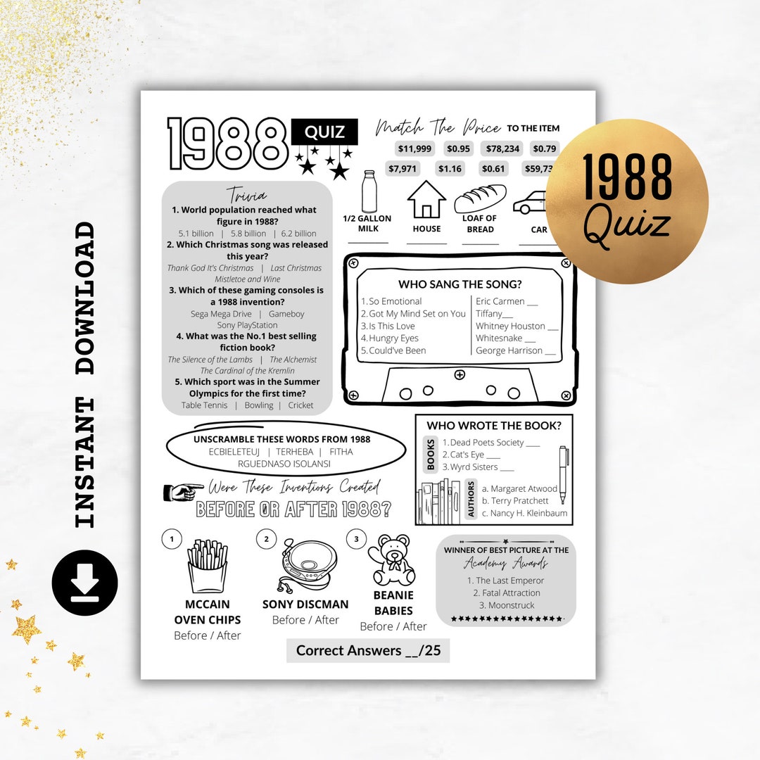 1988 Quiz | Born in 1988 Print | Trivia Printable | 38th Birthday Party ...
