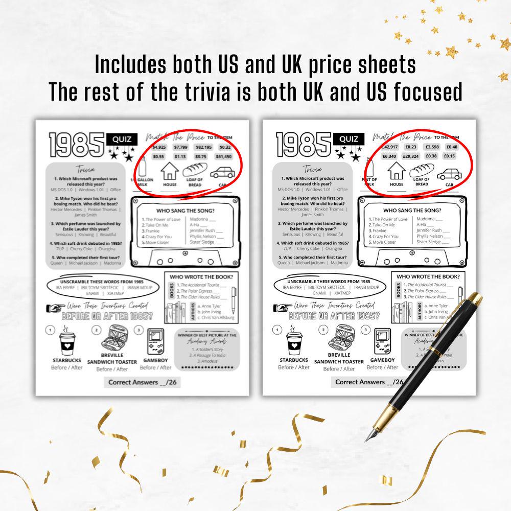 1985 Quiz | Born in 1985 Print | Trivia Printable Game | 40th Birthday ...