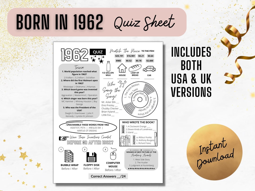 1962 Quiz Born in 1962 Print Trivia Printable 61st - Etsy