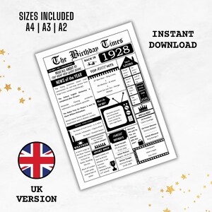 1928 Birthday Newspaper UK | Born in 1928 Printable Poster | 98th ...