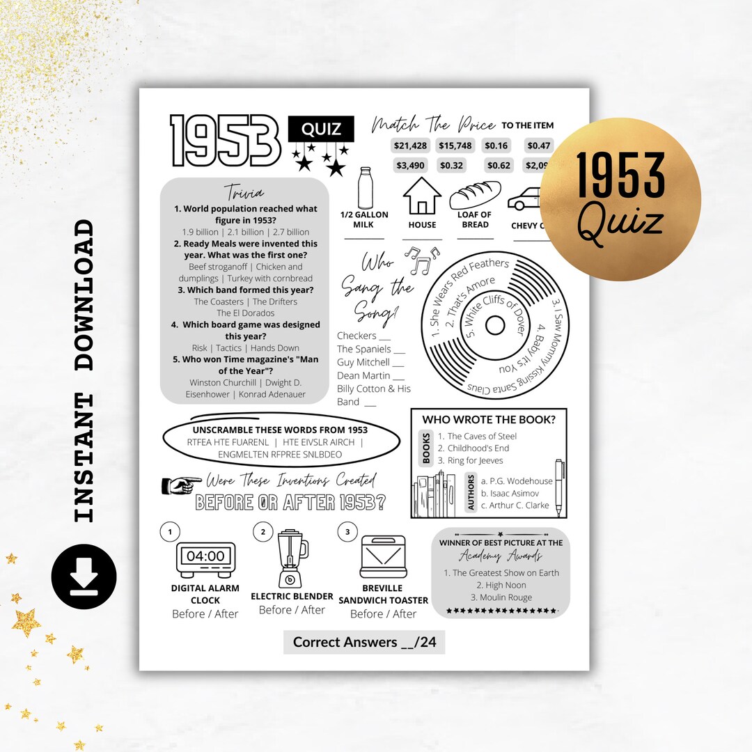 1953 Quiz | Born in 1953 Print | Trivia Printable | 73rd Birthday Party ...