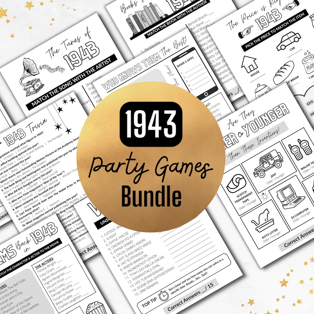 1943 Birthday PARTY GAMES | Born in 1943 82nd Birthday Game Bundle ...