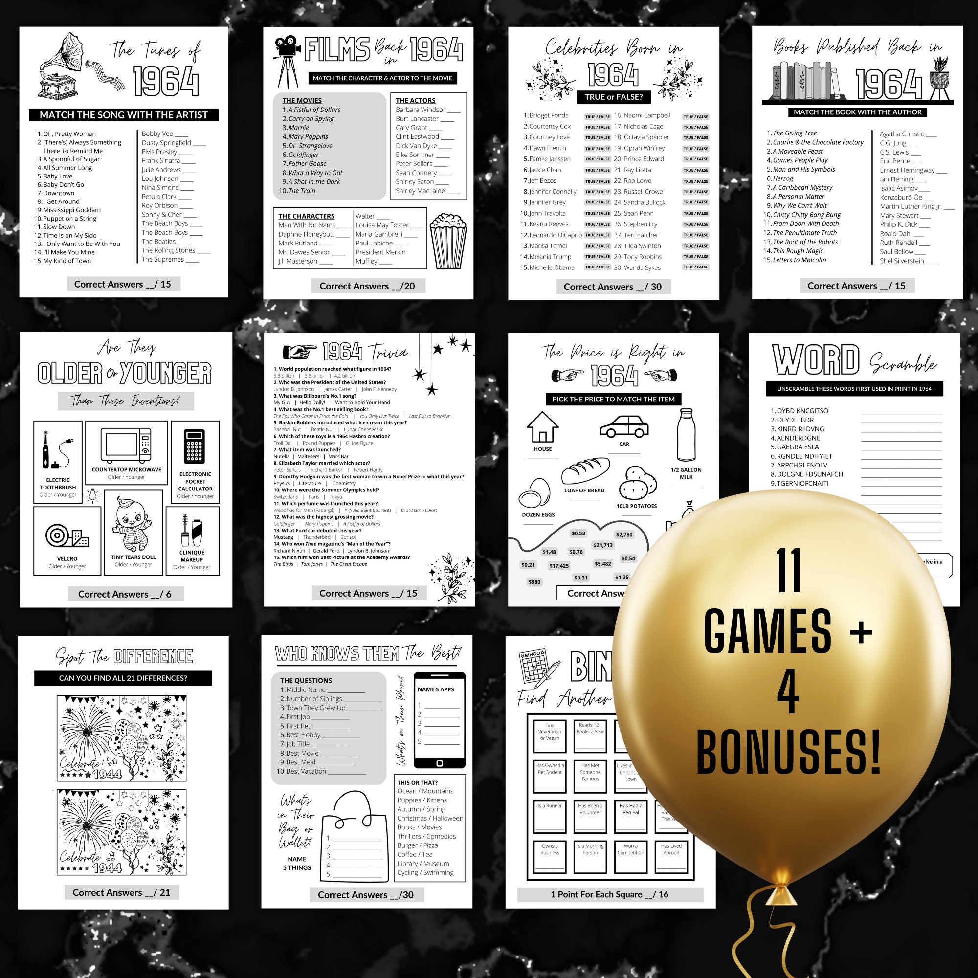1964 Birthday PARTY GAMES Bundle | Born in 1964 62nd Birthday Game ...