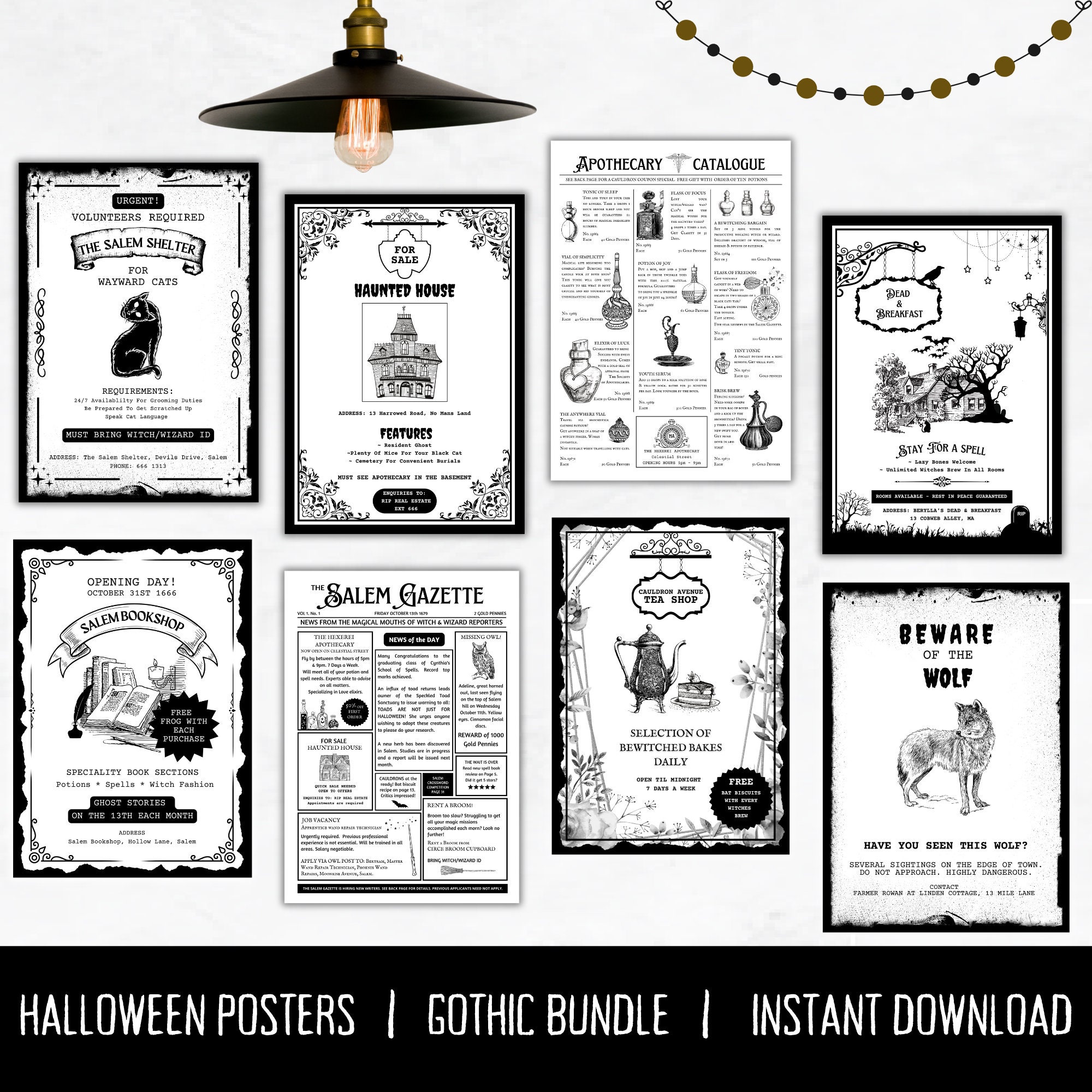 GOTHIC POSTERS BUNDLE Set of 8 Black & White Halloween Prints Magical ...