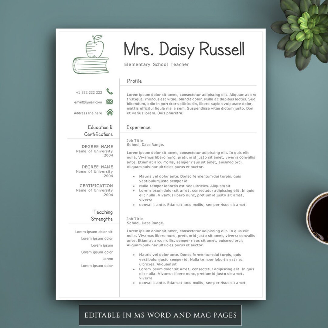 Professional Teacher Resume Template for Pages & MS Word. Complete 1,2 ...