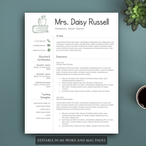 Teacher Resume Template for Word & Pages Education Resume - Etsy