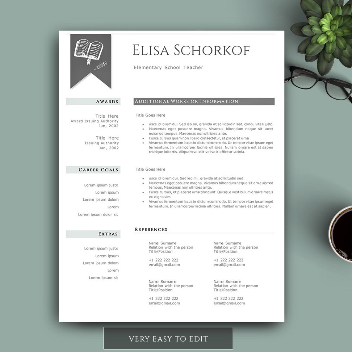 Teacher Resume Template. Creative Resume Template. Professional 1,2,3 ...
