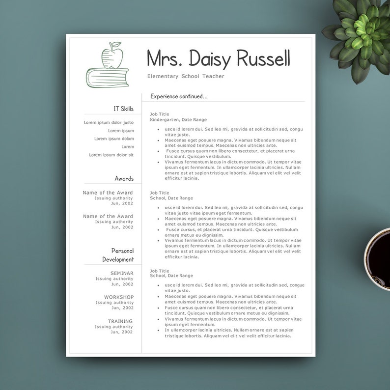 Professional Teacher Resume Template for Pages & MS Word. Complete 1,2 ...