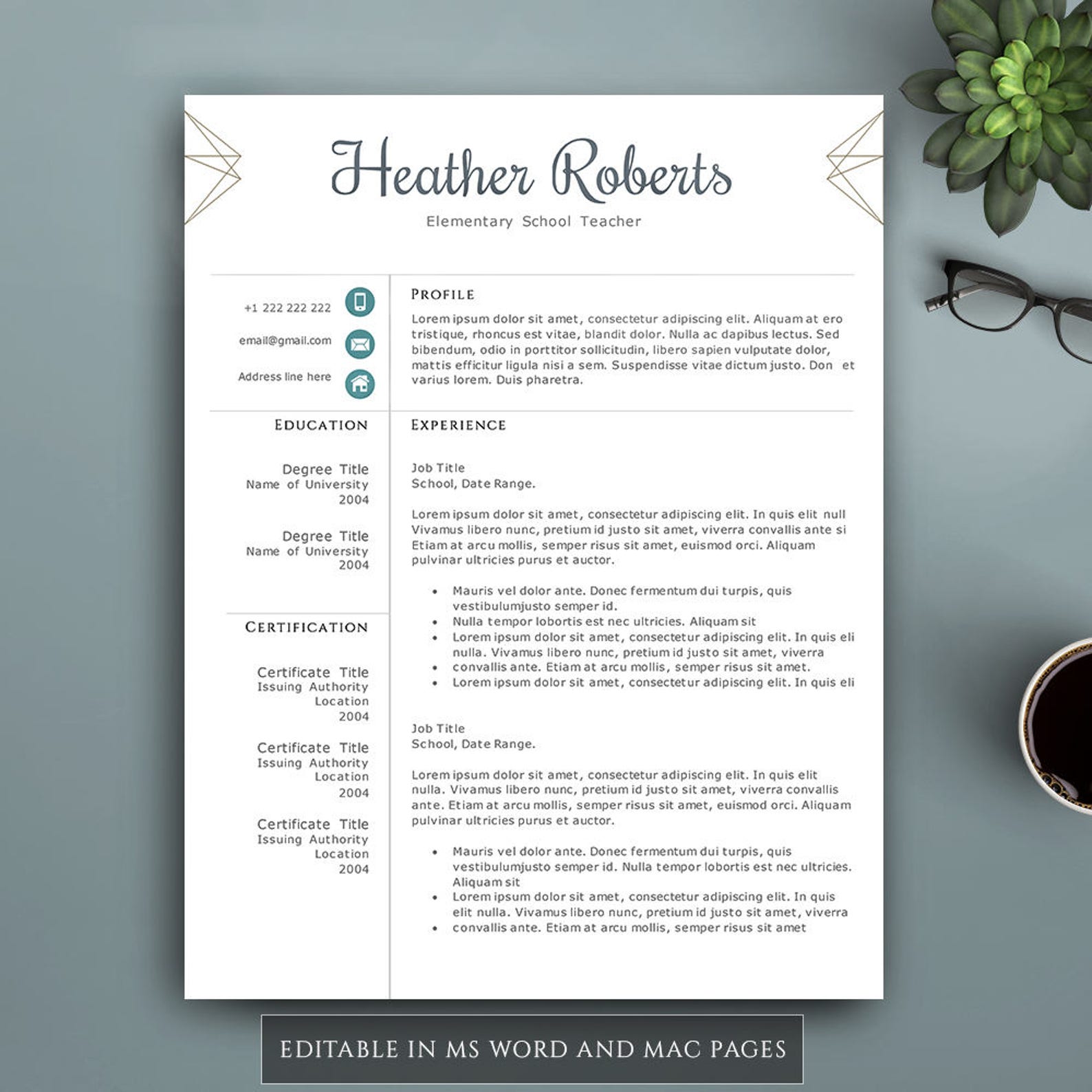 Creative Resume Template for Word & Pages. Complete 1,2,3 Pages Resume ...