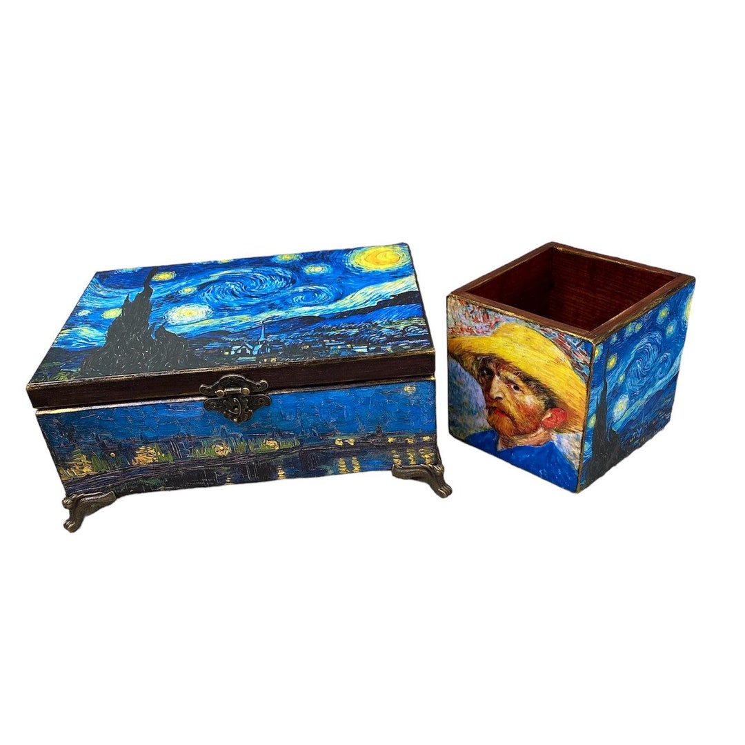 Van Gogh Desk Organizer Set – Tea Box & Pencil Holder – Artistic Wooden ...