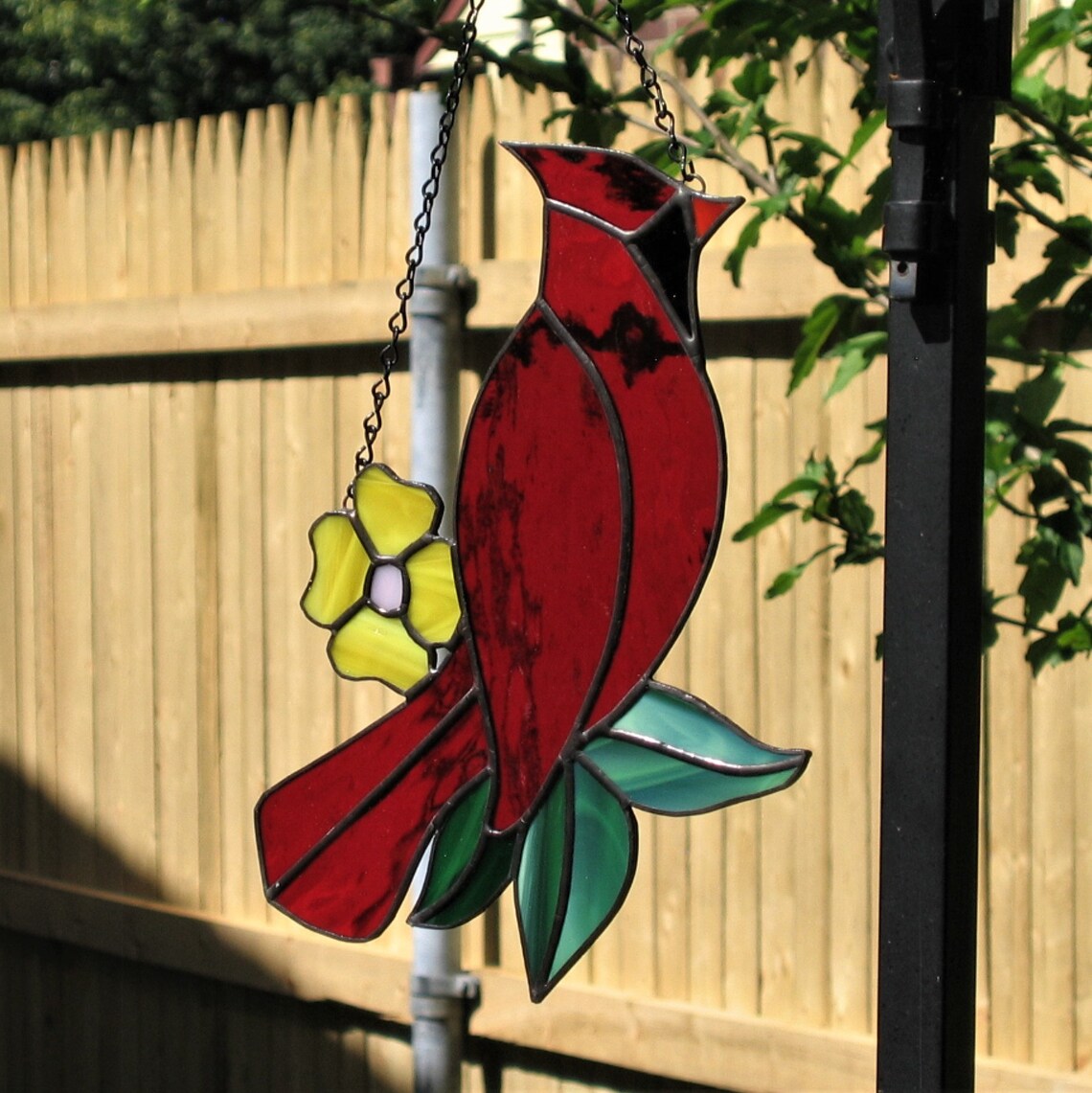 Red Cardinal Sun Catcher With Flower - Etsy