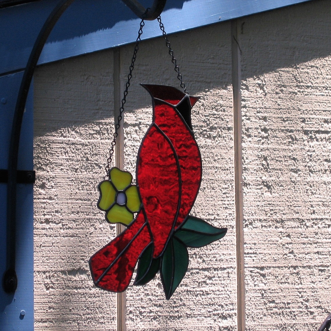 Red Cardinal Sun Catcher With Flower - Etsy