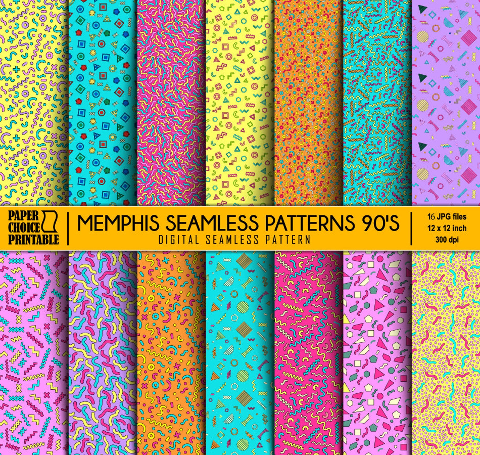 MEMPHIS DIGITAL PAPER: 12" X 12" Memphis Patterns, Scrapbook Patterns ...