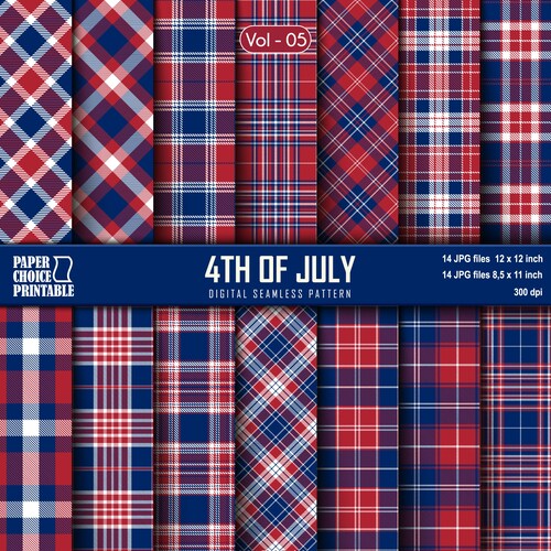 Red White & Blue Digital Plaid Paper Patriotic Papers July - Etsy