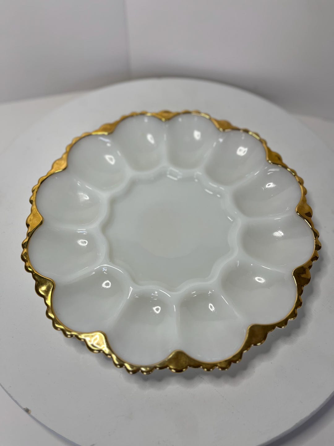Vintage Milk Glass Serving Egg Platter - White With Gold Trim - Deviled ...
