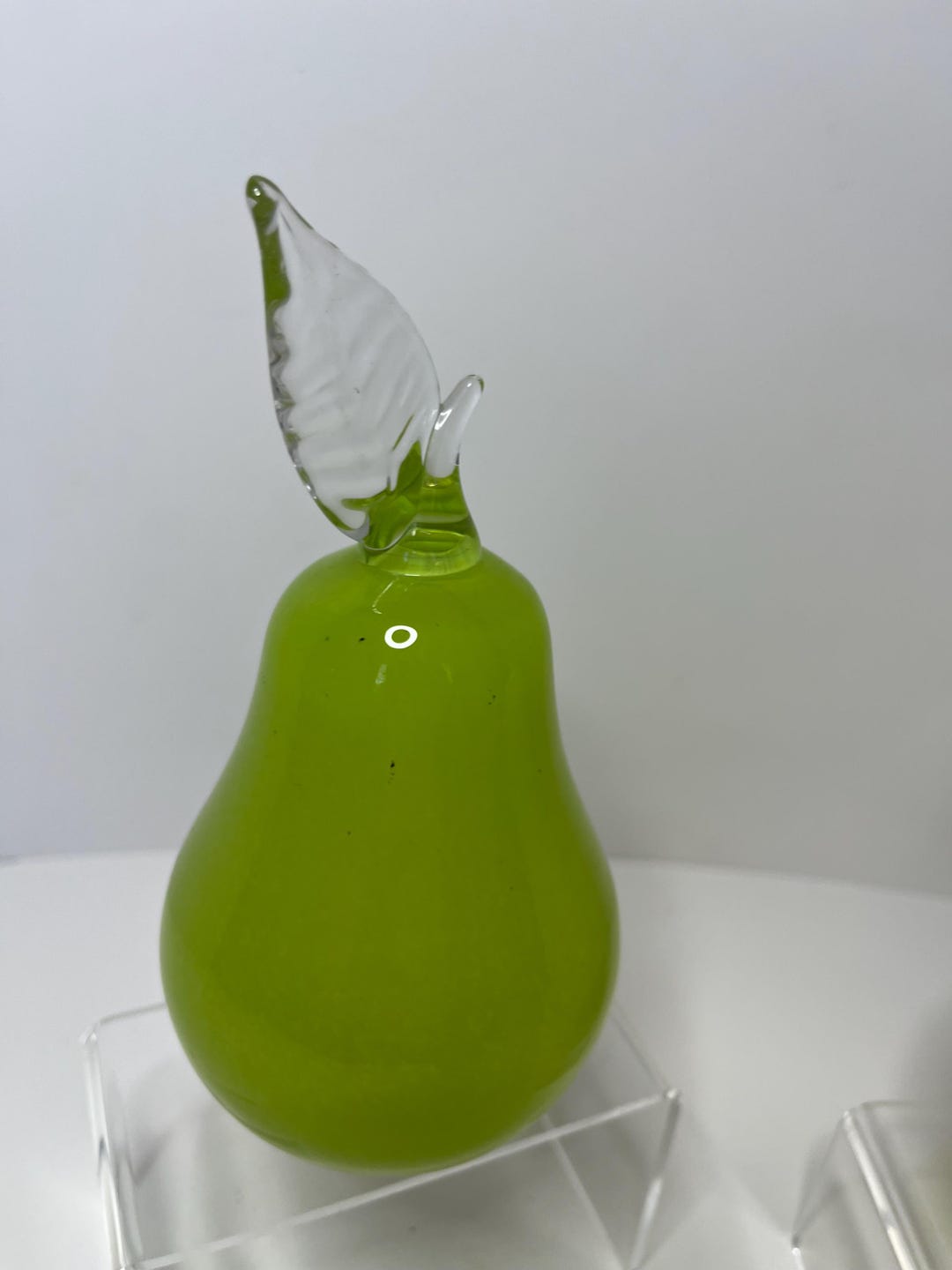 Art Glass Green Pear Figurine Hand Blown Mottled Fruit Applied Stem ...