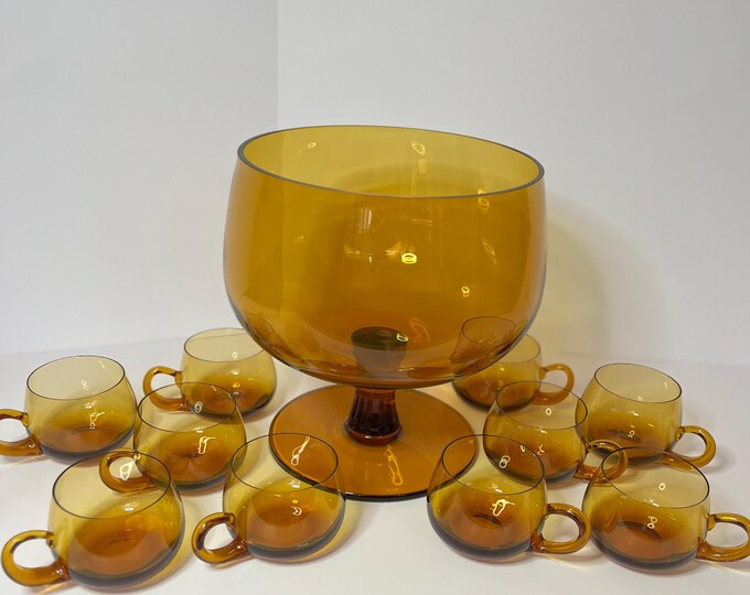 Yellow Amber Glass Punch Bowl Set: Mid-century Modern With 10 Cups - Etsy