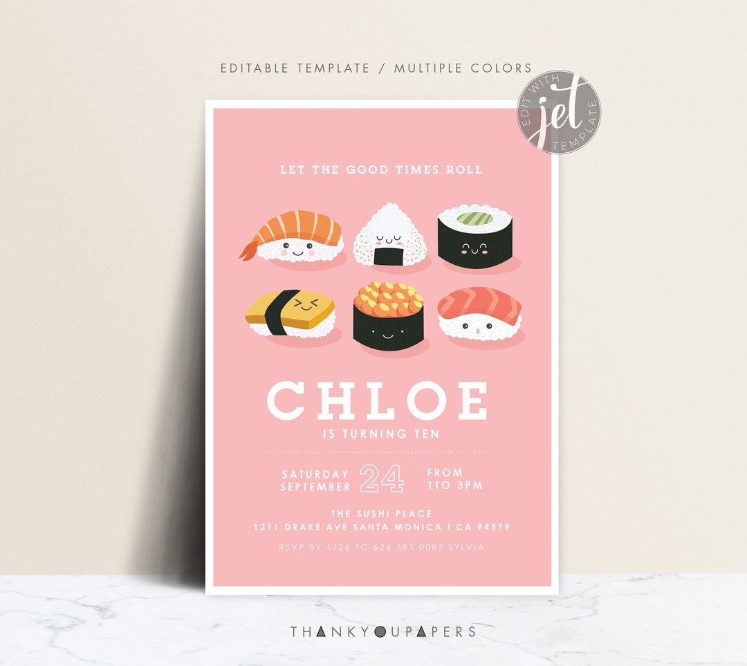 Sushi Birthday Invite, Kawaii Sushi Baby Shower Invitation, First ...