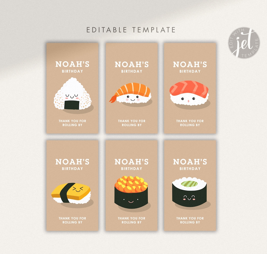 Sushi Neutral Tag Thank You Tag Kawaii Sushi Birthday Party Favor Tags ...
