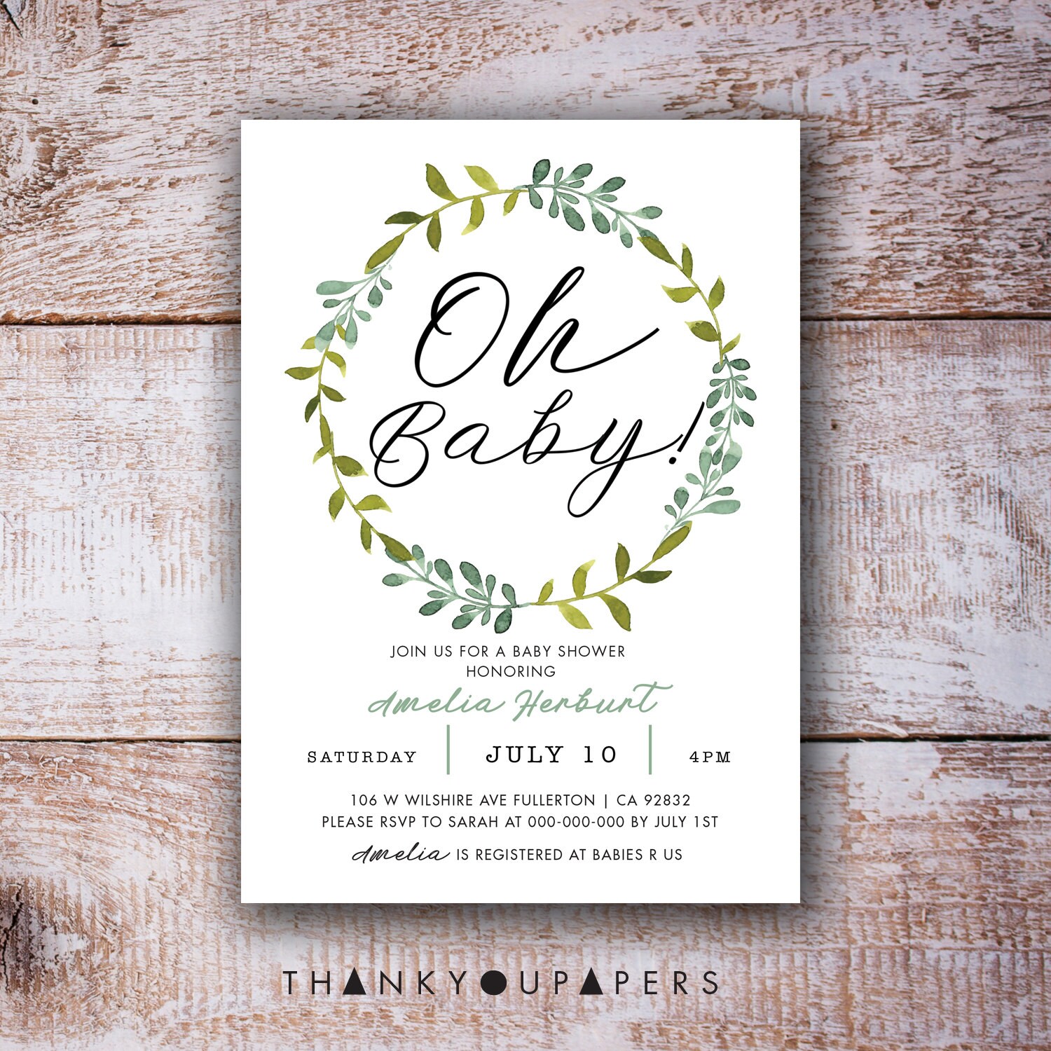 Oh Baby Shower Printable Invitation Leaves Wreath Green leaf | Etsy
