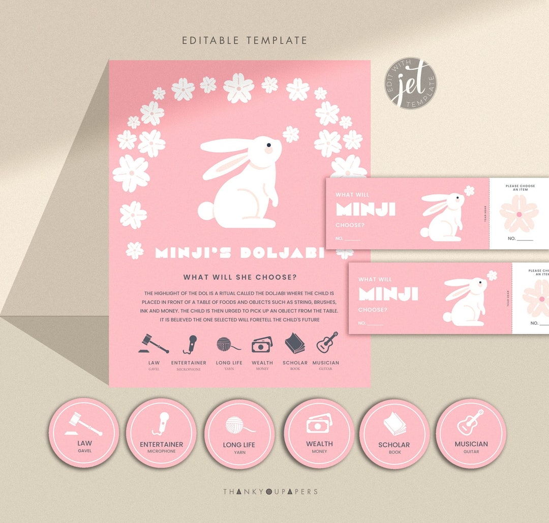 Rabbit Bunny Set, Pink Doljanchi Doljabi Set First Birthday Zhuazhou ...