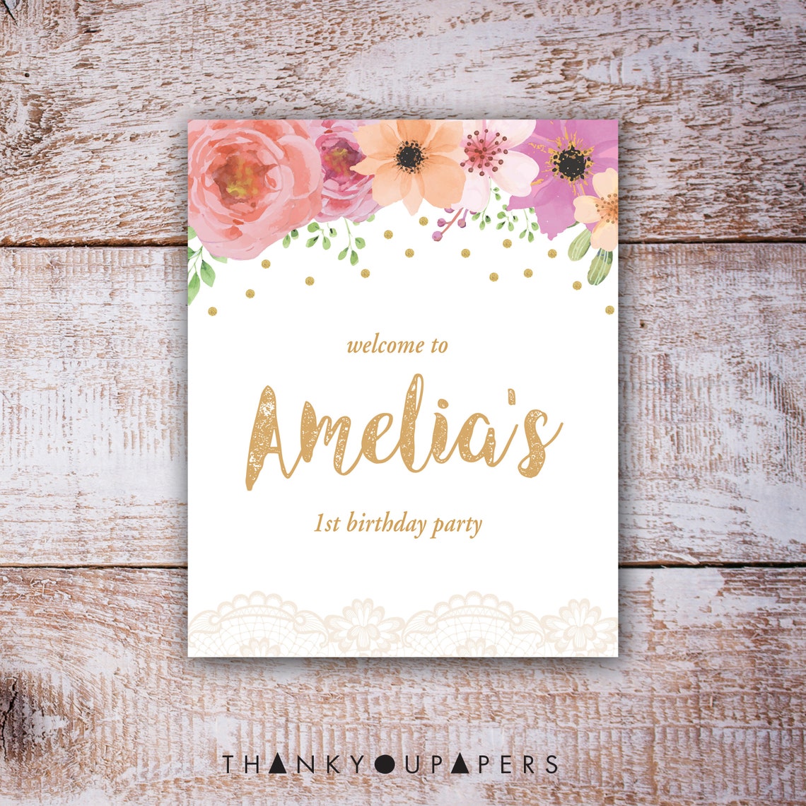 Custom Floral Sign Botanical Pink Floral Gold Sparkle Lace Babyshower ...