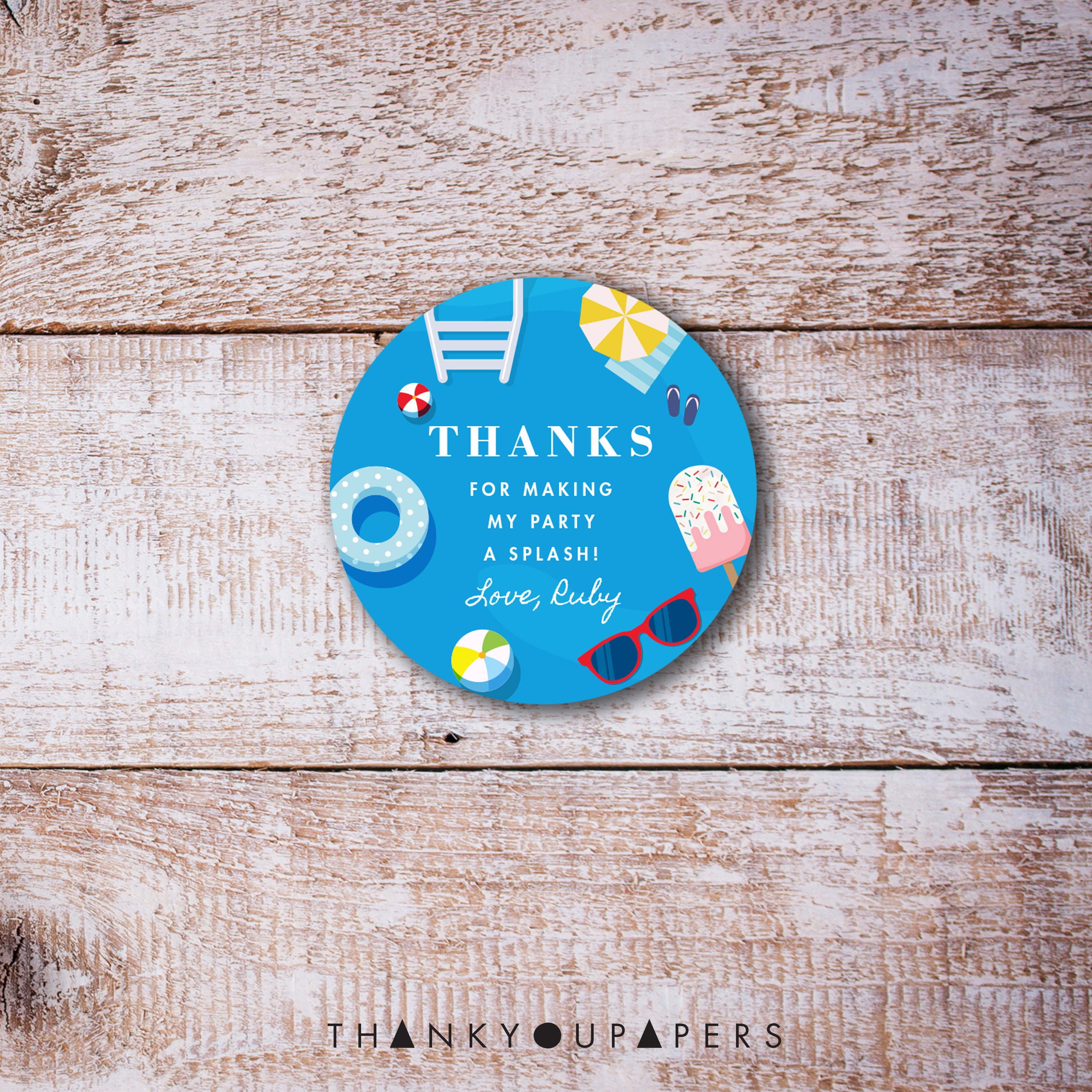 Summer Pool Party Splash Favor Tag - Thank You Birthday Party Round ...