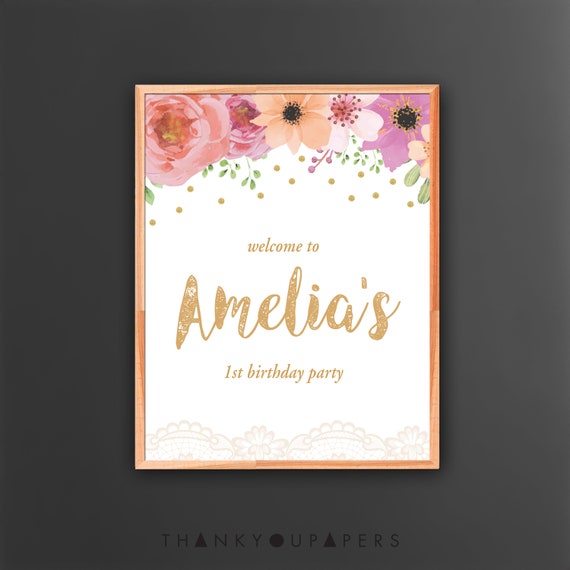 Custom Floral Sign Botanical Pink Floral Gold Sparkle Lace | Etsy