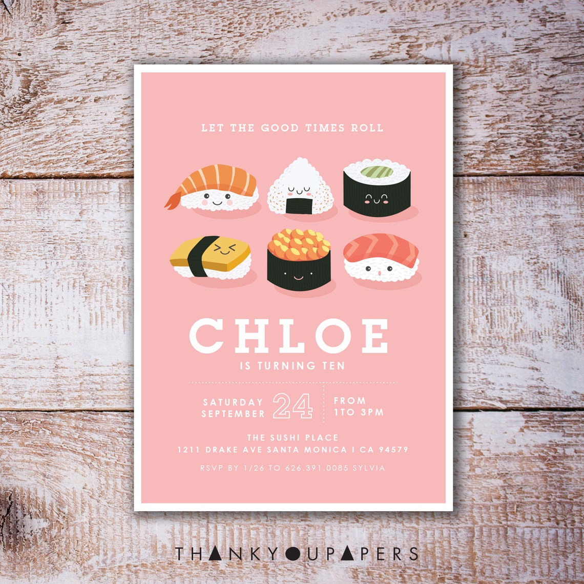 Sushi Birthday Invite, Kawaii Sushi Baby Shower Invitation, First ...