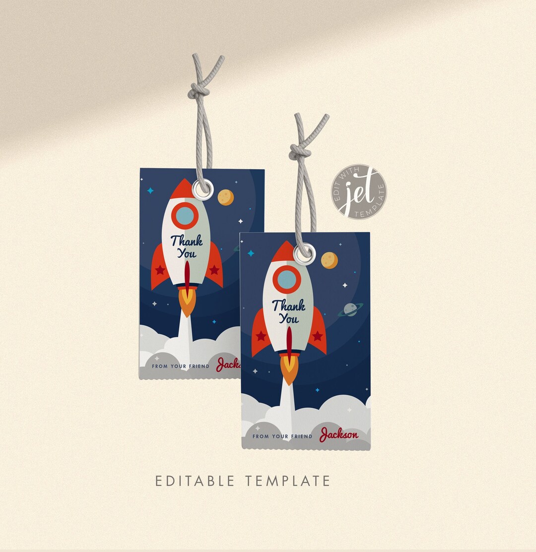 Rocket Space Tag Space Rocket Thank You Tag Birthday Party Retro Rocket ...