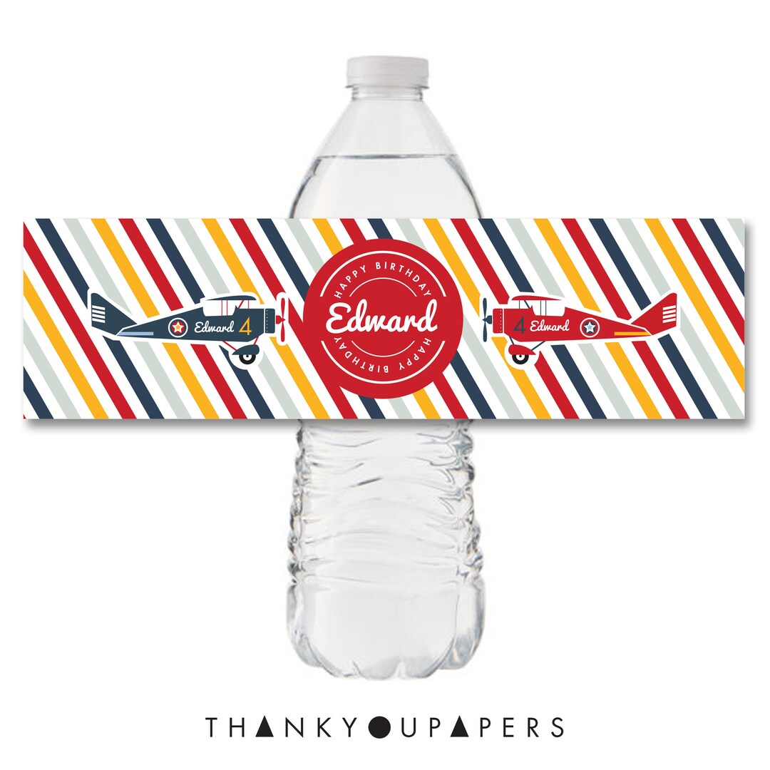 Airplane Water Bottle Label, Airplane Labels, Birthday Party, Stripes ...