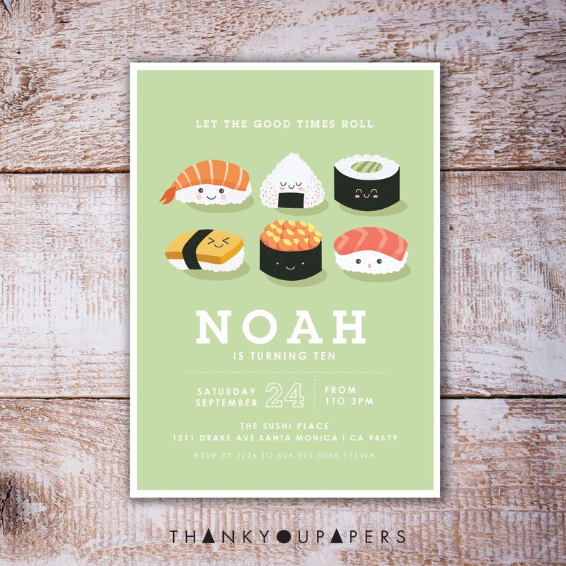 Sushi Birthday Invite, Kawaii Sushi Baby Shower Invitation, First ...