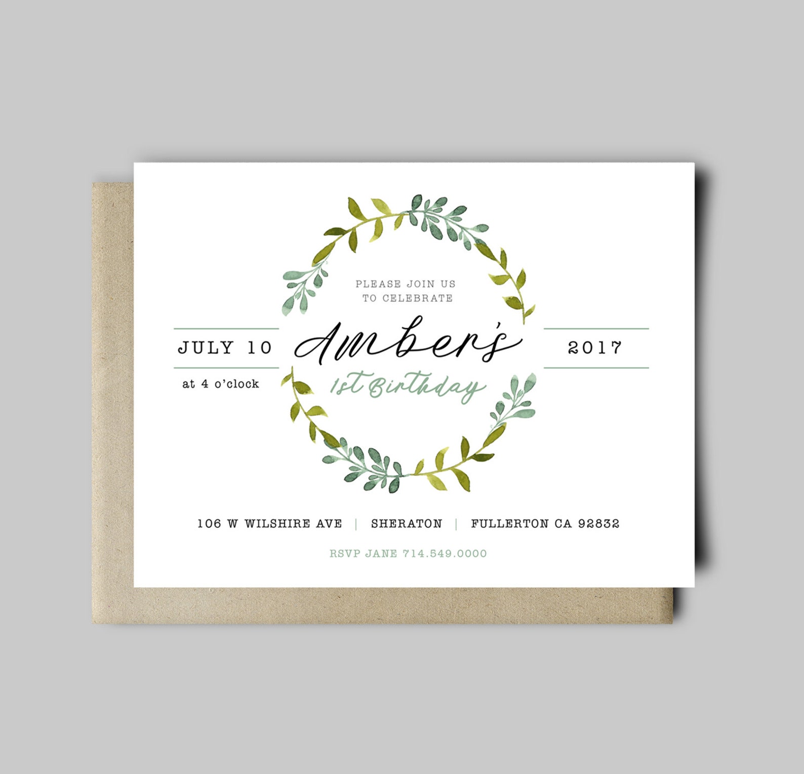 Green Leaf Wreath Birthday Invitation Doljanchi Watercolor Gender ...