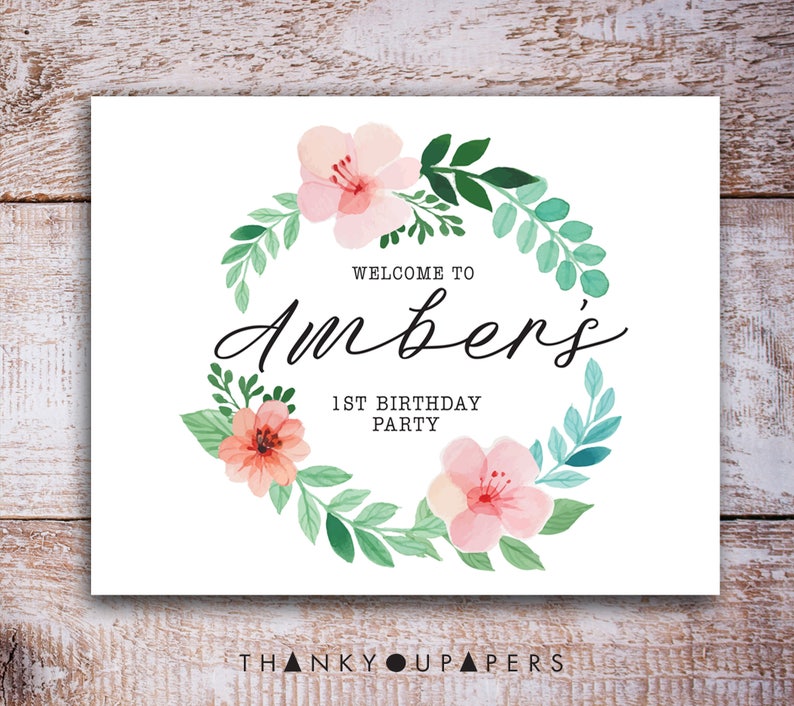 Custom Floral Sign Botanical Pink Floral Greenery Watercolor Babyshower ...