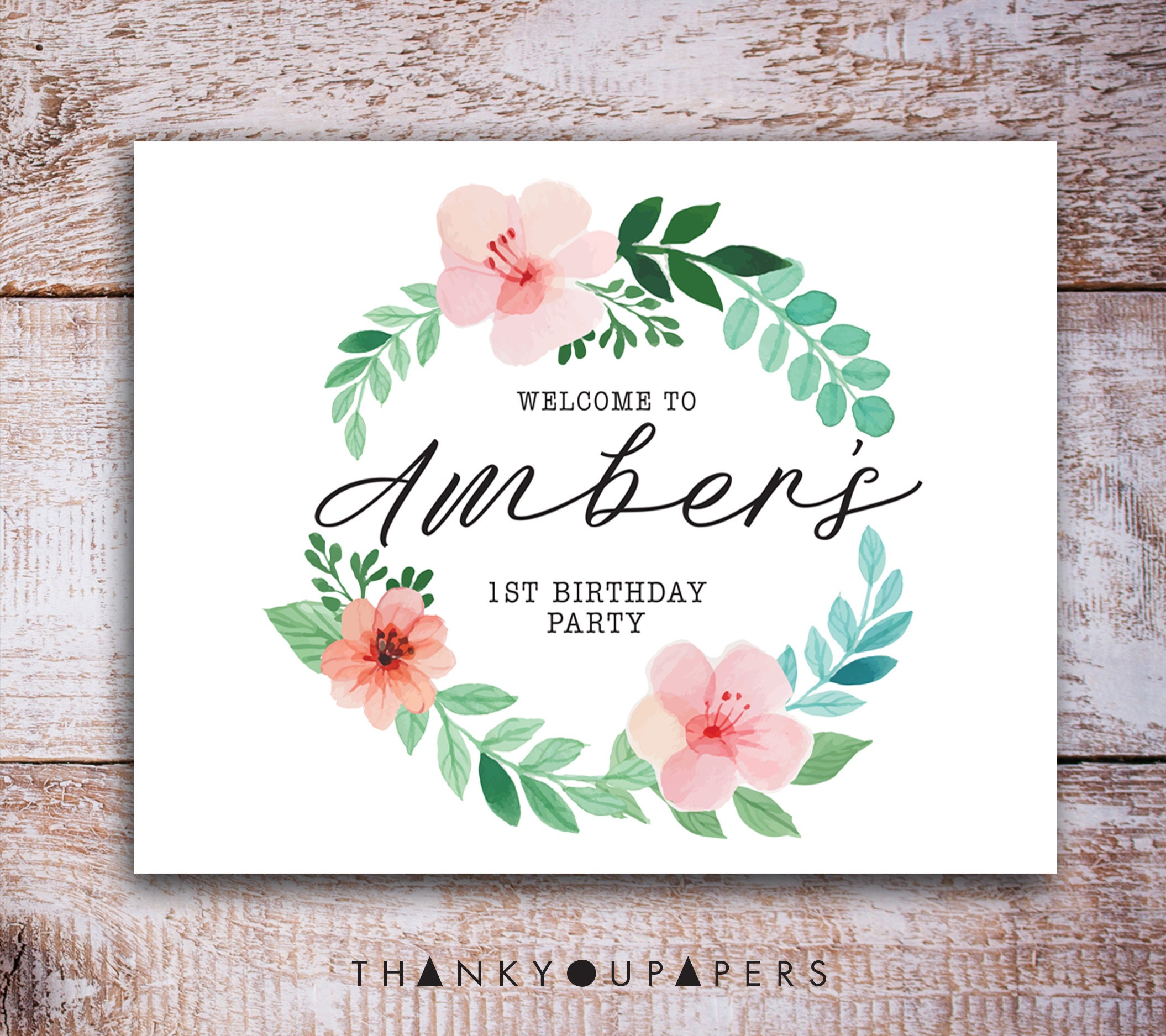 Custom Floral Sign Botanical Pink Floral Greenery Watercolor Babyshower ...