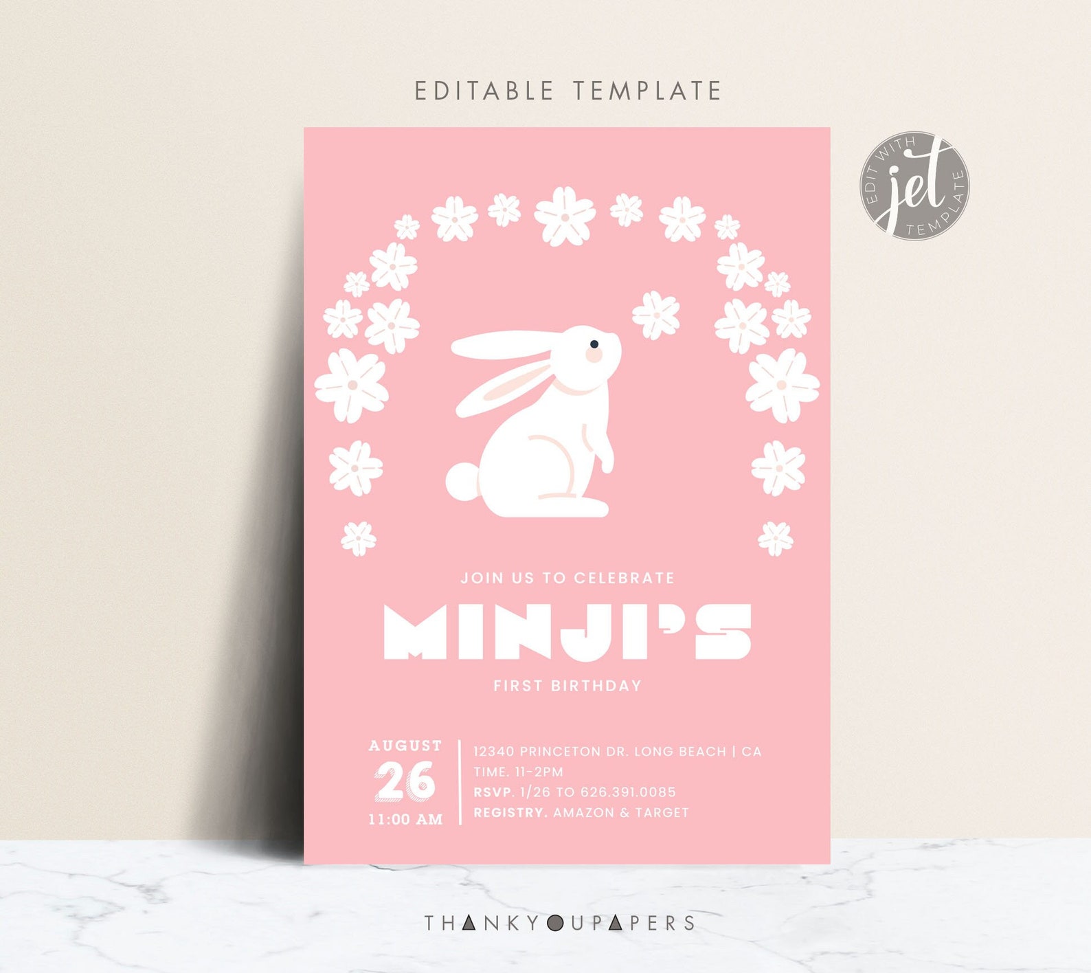 Rabbit Birthday Invitation: Pink & Blue Doljanchi, Zhuazhou Template ...