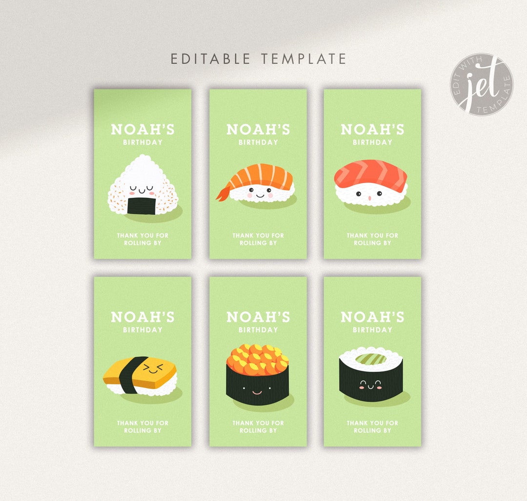 Sushi Mint Tag Thank You Tag Kawaii Sushi Birthday Party Favor Tags ...