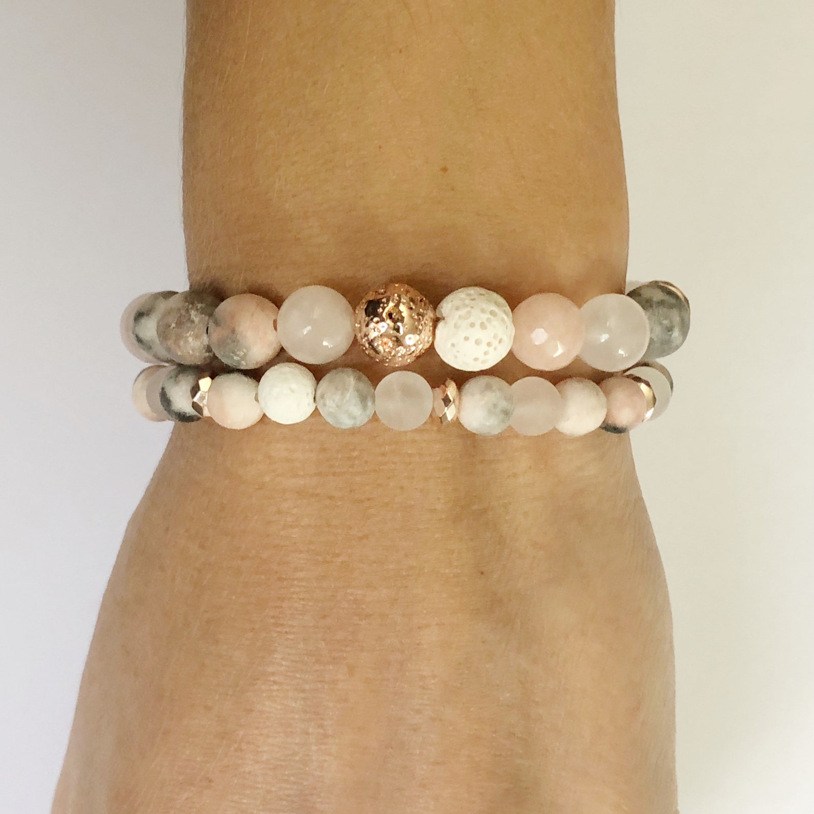 Pink Zebra Jasper and Rose Quartz Crystal Beaded Bracelet in Gold, Rose ...