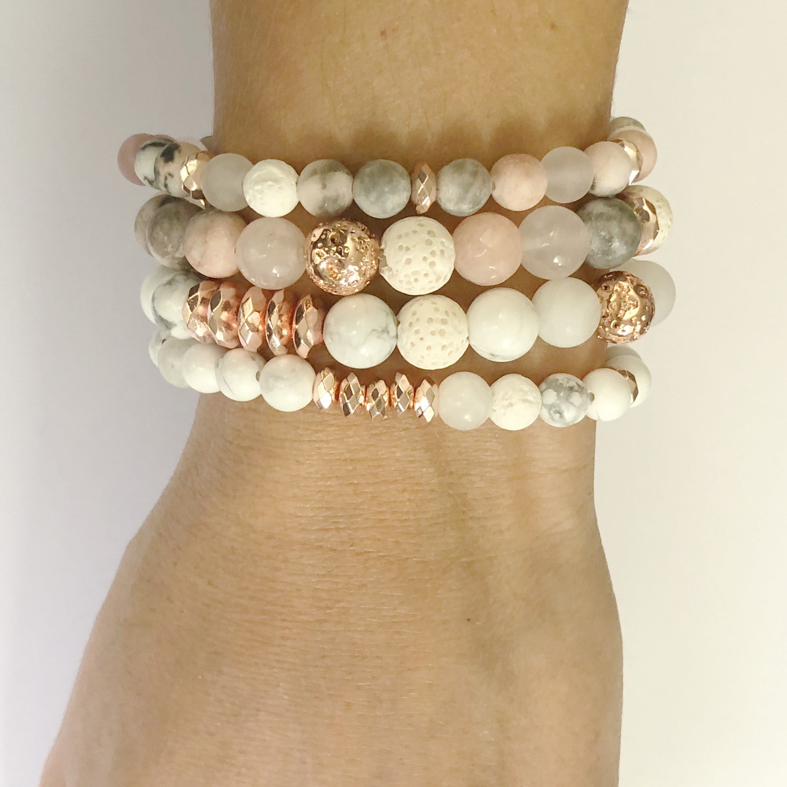 Pink Zebra Jasper and Rose Quartz Crystal Beaded Bracelet in Gold, Rose ...