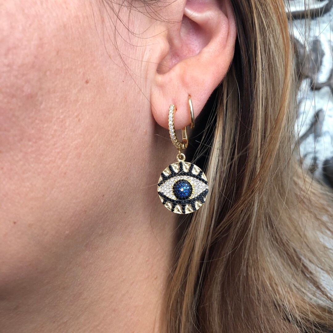 Gold Evil Eye Hoop Earrings Cz Paved Evil Eye Coin Protection T Etsy